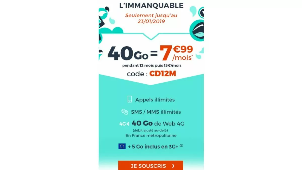 Bon plan : forfait mobile Cdiscount Mobile 40 Go à 7,99 €/mois (-50%)