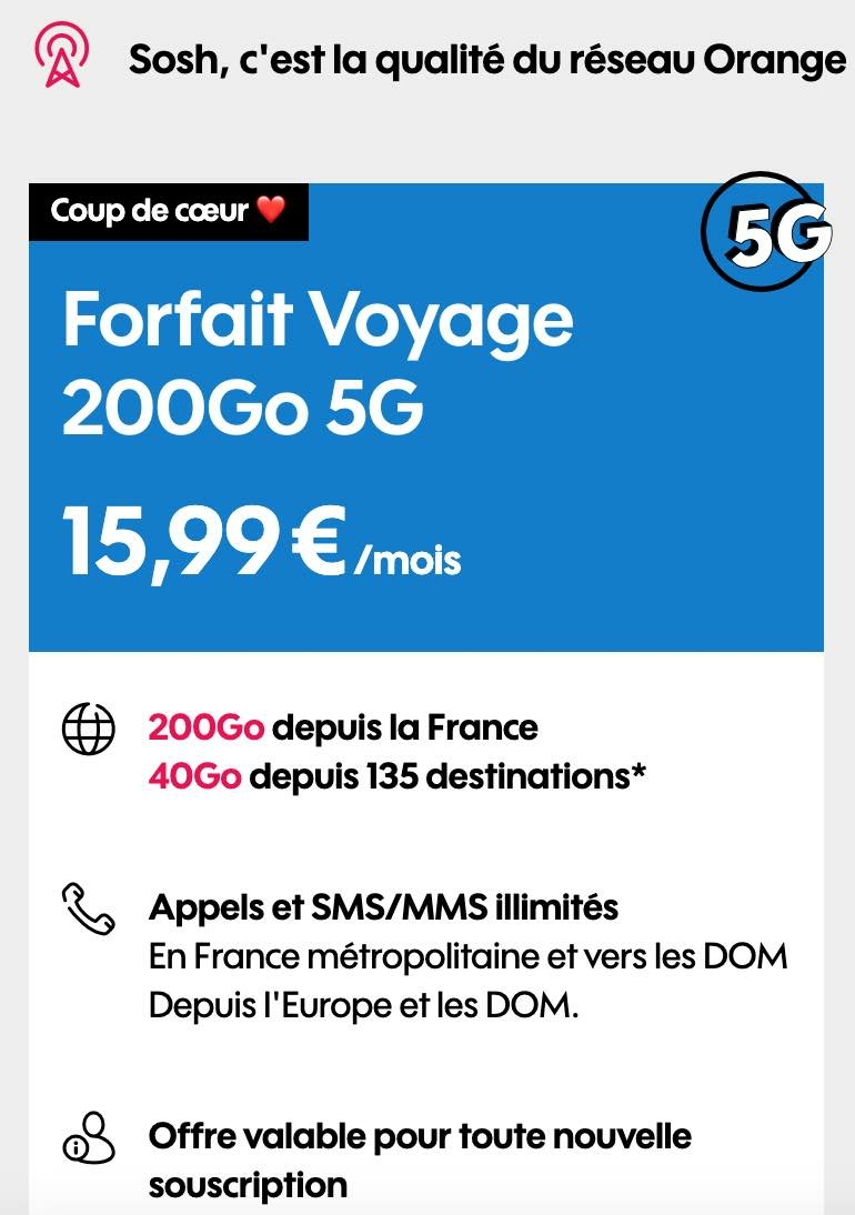 Forfait Voyage 200 Go 5G de Sosh : l'offre ultime sans engagement pour ...