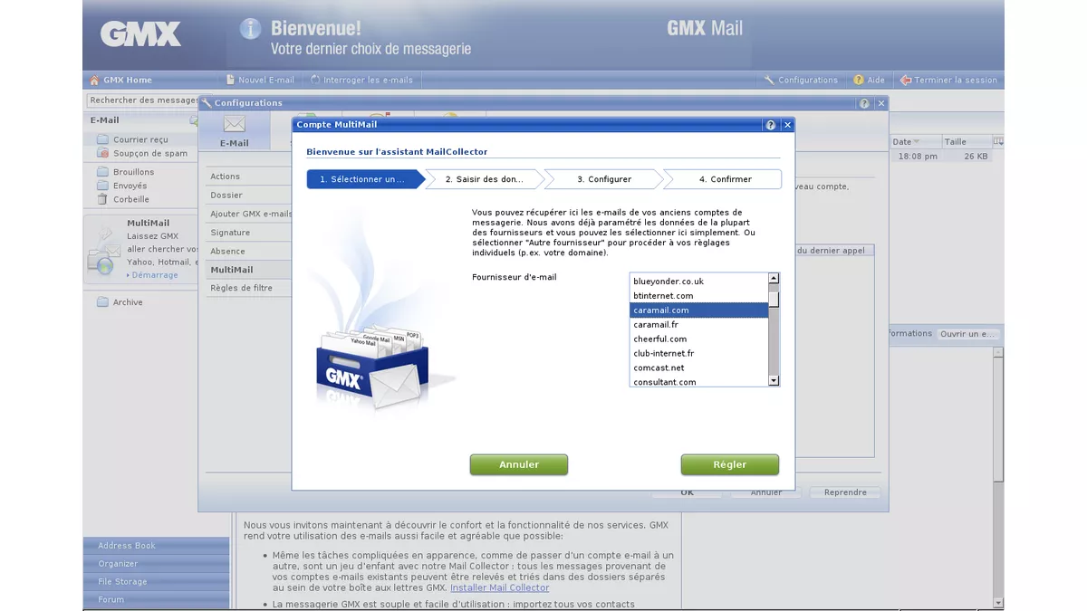 Les adresses CaraMail sauvées par GMX