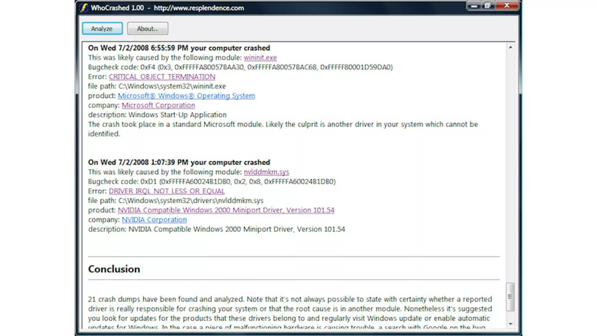 WhoCrashed : découvrir pourquoi votre PC est victime de plantage