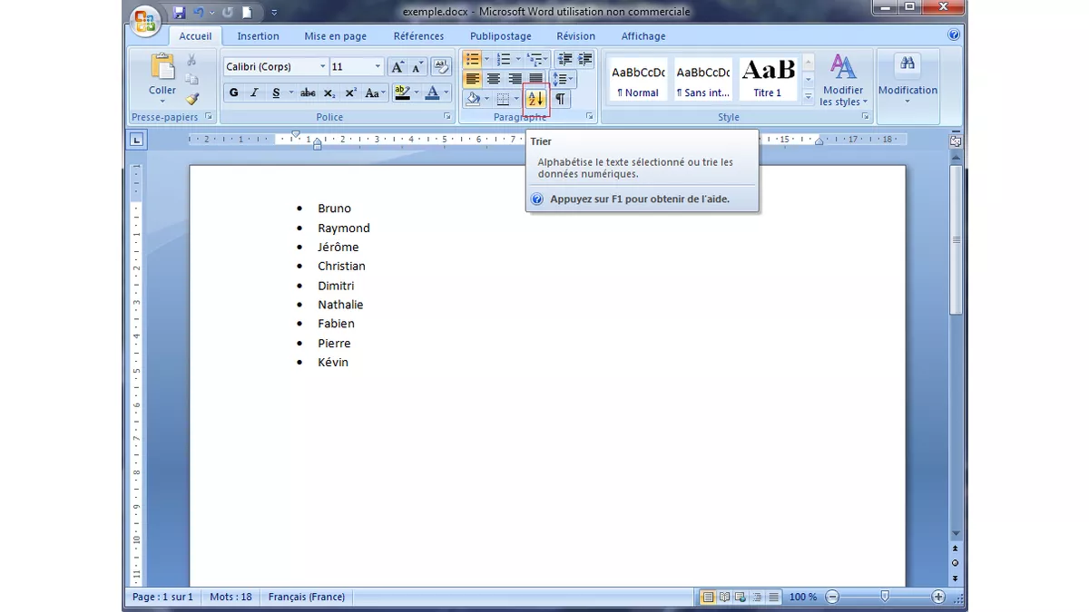 Trier une liste dans Word