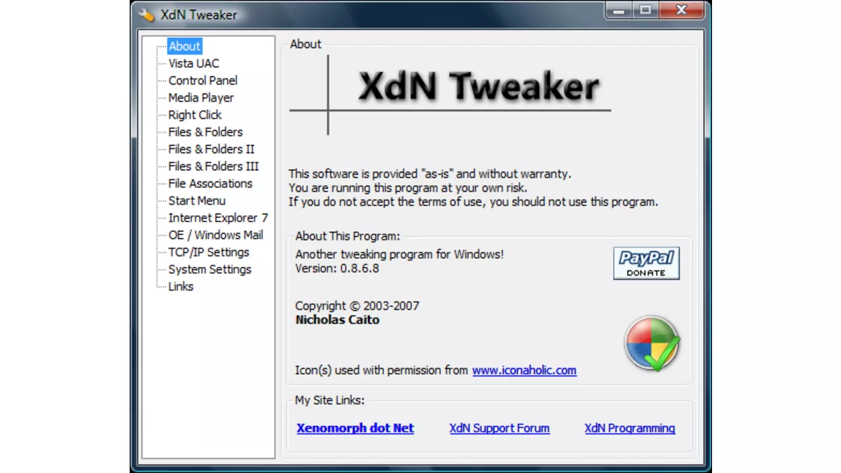 Boîte à outils pour Windows Vista : télécharger XdN Tweaker